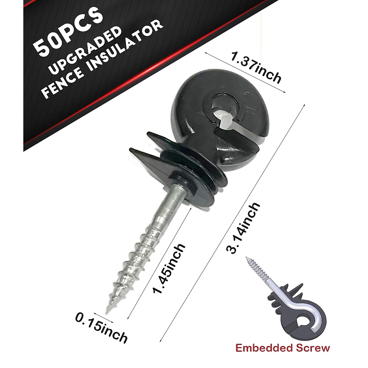 XSTOP 50Pcs Electric Insulator Screw in Insulator Ring Post Wood Post Insulator with 1 Pc Insulator Socket Tool,1 pc Fence Connection Lead and 1Pc Earth Stake Fence Accessories Kit for Fencing System