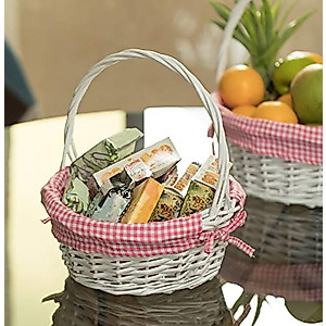 White Round Willow Gift Basket, with Pink Gingham Liner and Handle- Small