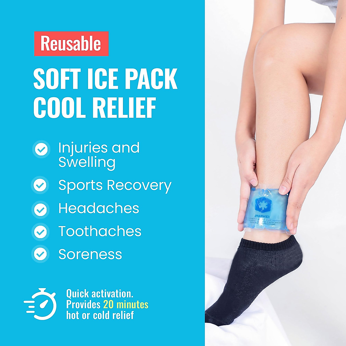 ICEWRAPS Hot & Cold Ice Packs - 3 x 5 in. Soft Gel Ice Packs – Reusable for Injuries Headaches, Joints, Fevers, & More – Made of Pro-Grade, Puncture-Proof Material (6 Packs)