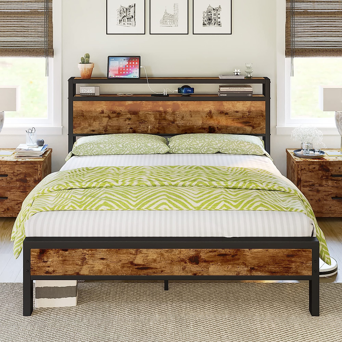LUXOAK Queen Size Bed Frame, Platform Bed Frame with 2-Tier Storage Headboard and Charging Station/No Box Spring Needed/Noise Free/Industrial/Rustic Brown