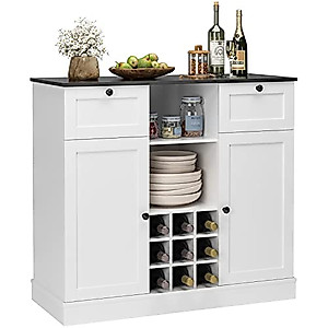 HOSTACK Buffet Sideboard Cabinet, Wine Bar Cabinet with Drawers and Removable Wine Rack, Coffee Bar Storage Cabinet with Shelves for Kitchen, Dining Room, Living Room, White