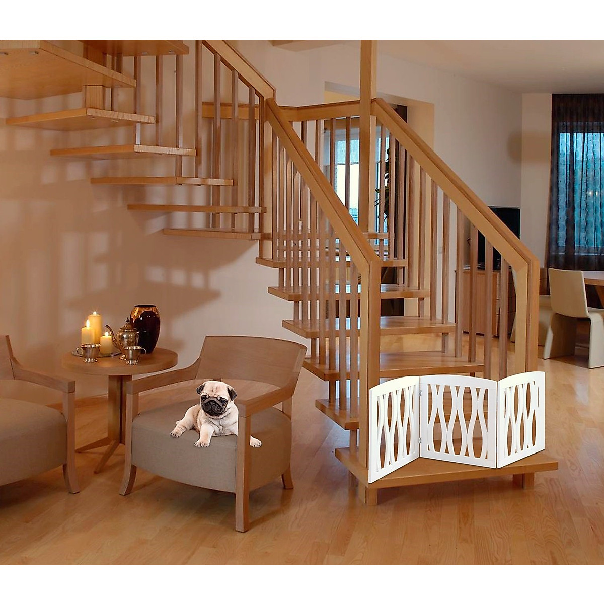 Wooden Pet Gate, Foldable and Freestanding, For Indoor Home and Office Use. Keeps Pets Safe [White Cascade Wave Decorative Design. Easy Set Up, No Tools Required]