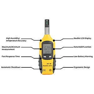 HT-86 Temperature Humidity Meter 2 in 1 Portable Digital Hygrometer Thermometer Humidity Gauge Monitor Indoor Outdoor with Wet Bulb Dew Point Double Display for Industry Agriculture Meteorology