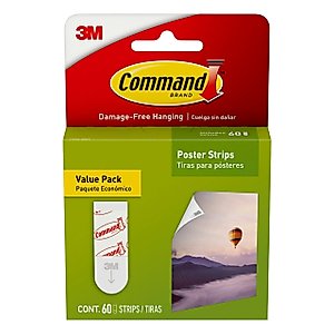 Command Poster Strips, Damage Free Hanging Poster Hangers, No Tools Wall Hanging Strips for Posters, 60 White Command Adhesive Strips