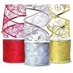 Holiday Ribbon Christmas Ribbons Xmas Wired Sheer 2.5 Organza Wire Edged Red, Gold, Silver/White Glitter Holidays Gift Wrapping, Tree Decoration Crafts/Craft, Gifts Wrap 30 Yards/10 Yard Ea. Roll
