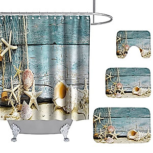 Seashell Nautical Fishing Nets Conch Starfish Beach Ocean Bathroom Shower Curtain 72" x 72" and Rugs 20" x 31" Accessory Decor with Bath Mat, U-Shaped Contour, Toilet Lid Cover and Hooks Set of 4 PCS