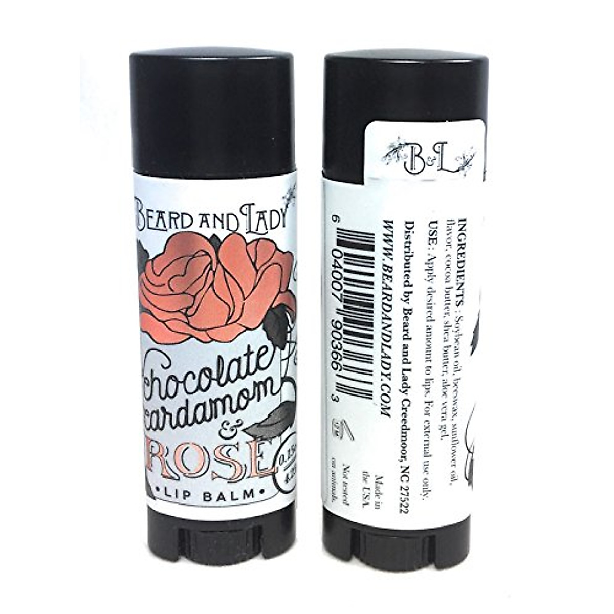 Beard and Lady - Chocolate Cardamom Rose Salve Lip Balm Stick - Black Oval Tube Sticks - 2 Pack of 0.15 fl oz balms