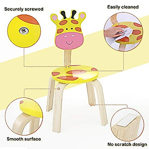 iPlay, iLearn 2 PCS Wooden Kids Chair Sets, Natural Hardwood Giraffe & Frog Animal Children Chairs, Furniture Set for Toddlers Kids Boys Girls, Stackable for Playroom, Nursery, Preschool, Kindergarten