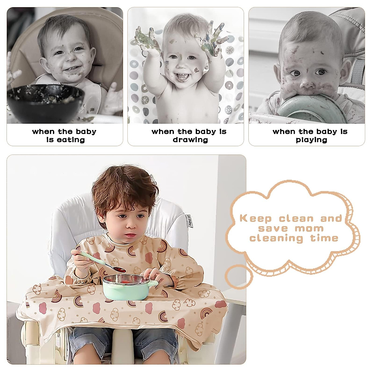 Vicloon Coverall Baby Feeding Bib, Weaning Bib Attaches to Highchair and Table, Long Sleeves Bib with Waterproof, Comfortable,Machine Washable, Baby Bib For 6 Month to 3 Years Old (Pink)