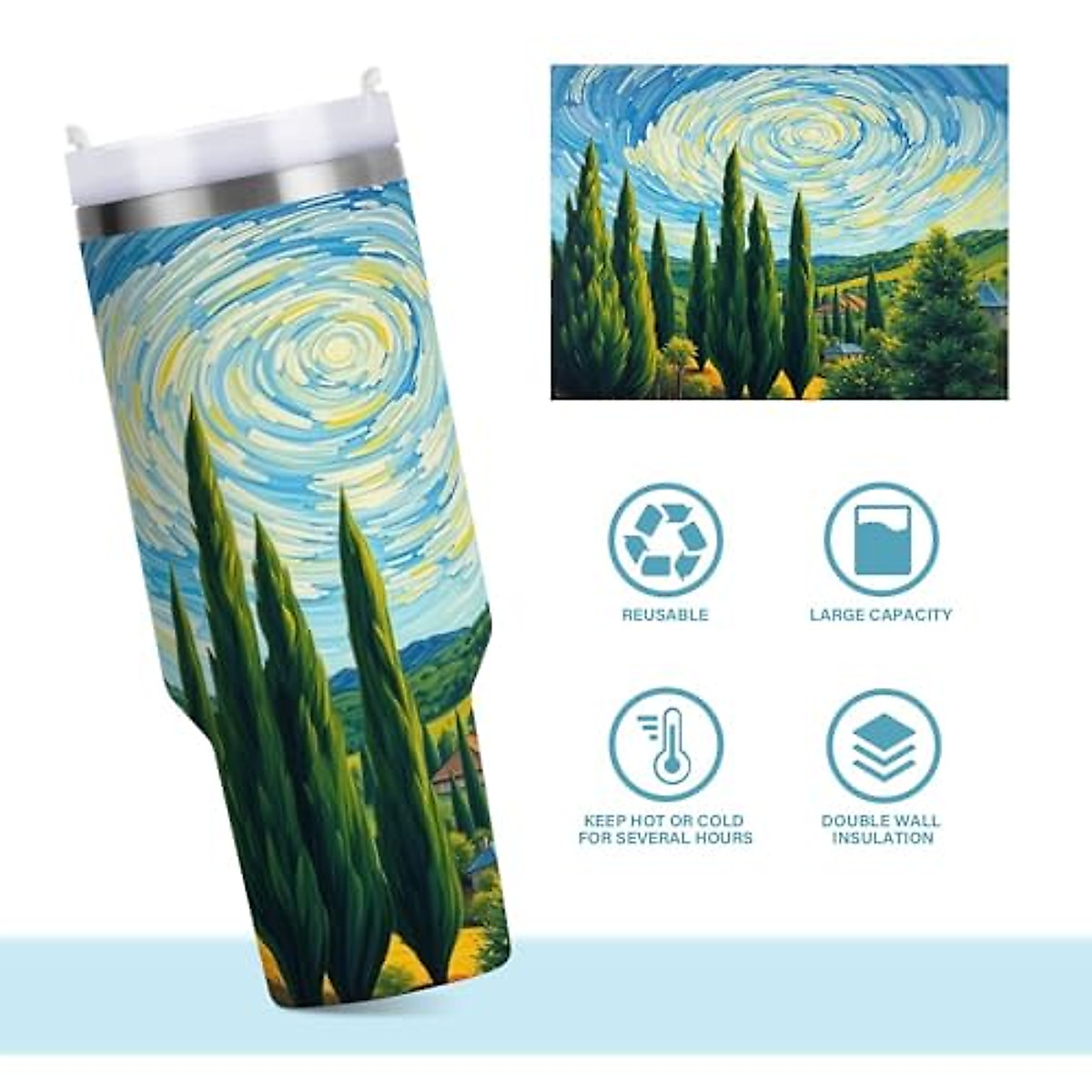 RPLIFE Landscape Painting Swirling Sky Travel Coffee Tumbler, Stainless Water Bottle, Insulated Cup with Straw, Tumbler for Men
