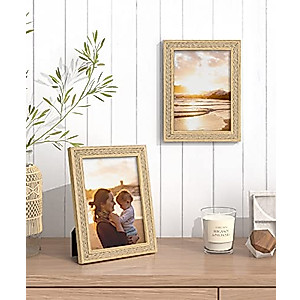 SUMGAR Boho Rattan Picture Frames 5X7 Hemp Rope - Rustic Farmhouse Style Wooden Oak Beige Photo Frames with Glass for Wall Mount and Tabletop Display - Perfect for Family, Friends, Graduation Gifts Set of 2