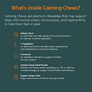K9 Conquest Calming Chews for Dogs - Anxiety Relief & Stress Reducer with Organic Hemp, Chamomile, Valerian Root, L-Tryptophan, Ginger Root & Melatonin - Anxiety and Stress Calming Treats for Dogs