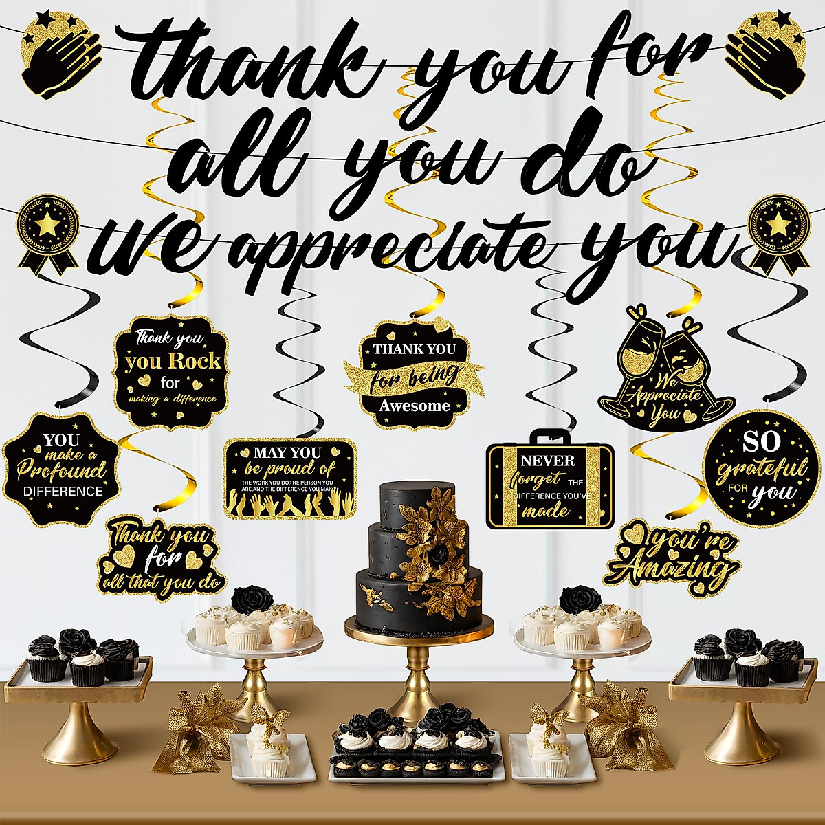 Black Gold We Appreciate You Decorations Thank You Banner with Appreciate Hanging Swirls Thank You For All You Do Decor for Teacher Doctor Nurse Employee Staff Graduation Appreciation Party Supplies