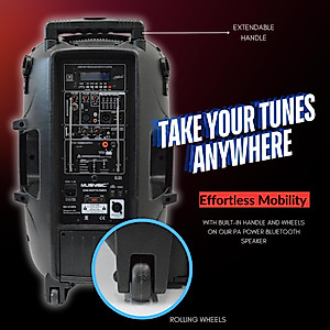 MUSYSIC PA Power Bluetooth Speaker 2000W with Dual UHF Wireless Microphones Bluetooth/FM/USB/SD PA System 15” Speaker with Rechargeable Battery MU-U15PA