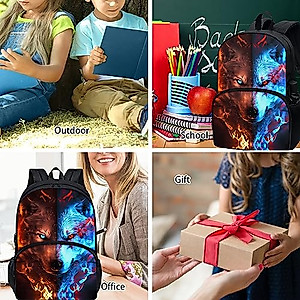 DMOYALA Cool Boys Backpack Fire and Ice Wolf Backpacks Girls Wolf School Bookbag Wolf School Bag Casual Lightweight School Backpack 17 Inch Backpack for 8-12