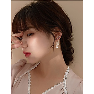 SLUYNZ 925 Sterling Silver 7 Crystals Cuff Earrings Tassell Chain for Women CZ Crawler Earrings Chain Climber Earrings (A-Silver)