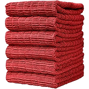 Bumble Premium Kitchen Towels (16”x 28”) Red Ribbed Check Design | Soft, Highly Absorbent with Hanging Loop | Natural Ring Spun Cotton | Large Kitchen Hand Towels | Tea Towels Set | 380 GSM - 6 Pack