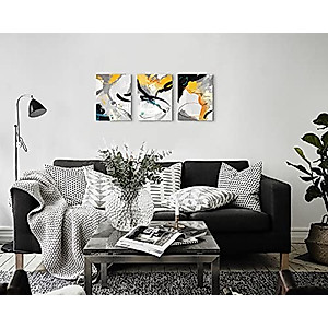 Abstract Wall Art Canvas 3 Piece Pictures for Living Room Wall Decoration Framed Yellow Black and Grey Art Wall Decor for Bedroom Bathroom Decor teal Modern Wall Prints Home Decorations