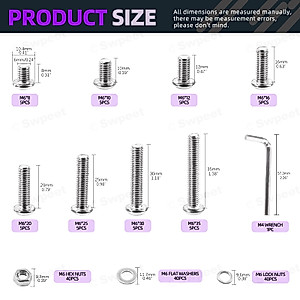 Swpeet 161Pcs M6 Metric 304 Stainless Steel Button Head Hex Socket Head Cap Bolts Screws Nuts and Hex Nuts with Flat Washers and Split Lock Washers Kit, Screws Nuts Washers Wrench All Included