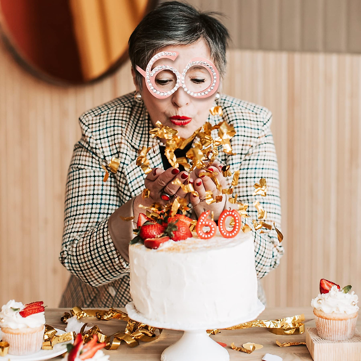 60th Birthday Glasses - 6 Pairs Rose Gold 60 Years Old Glasses with Rhinestones Frame, Funny Plastic Costume Photo Booth Props for 60th Anniversary Party Decorations