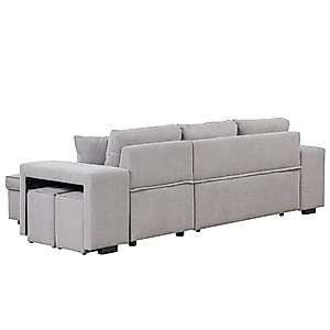 FANYE 2024 Linen Upholstery Pull Out Sleeper Sectional Sofa & Couch W/Stools and Shelves, L-Shaped Corner Upholstered Sofa Couch with 2 Pillows and Reversible Storage Chaise for Living Room