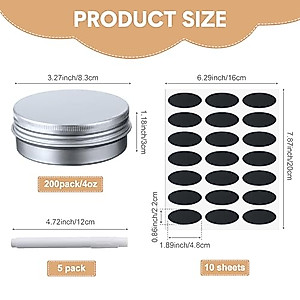 200 Pack Metal Tins Aluminum Containers with Lids Screw Top Round Tin Cans for Cosmetic Lip Balm DIY Salves Candles Wax with 5 Markers 10 Sheets Label Stickers (4 oz, Silver)