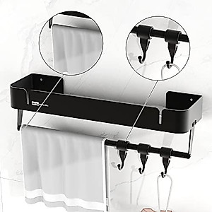RCHYFEED 15.6”Shower Caddy with Towel Bar, Shower Organizer Adhesive,Metal Rustproof Bathroom Shower Shelf Rack with Hook, Drilling-Free Self Adhesive Storage Shelf for Bathroom & Kitchen(Black)