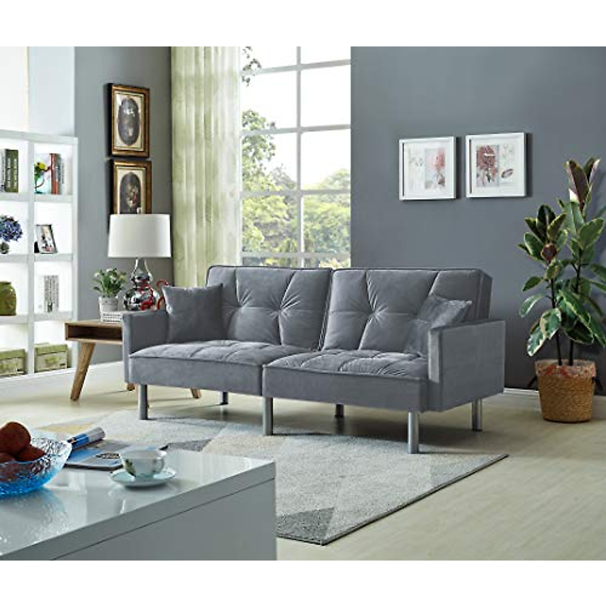Legend Furniture Velvet Sofa Bed Sleeper with Pillow Sofabed, Grey