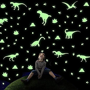 IARTTOP Dinosaur Wall Decals,Glow in The Dark Dinosaur Stickers for Kids Room Dinosaur Theme Footprints Volcano Wall Sticker for Boys Baby Bedroom Nursery Decoration
