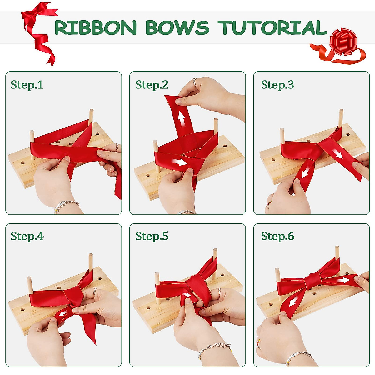Creproly Bow Maker for Ribbon Wreaths, 2-in-1 Double Sided Wooden Hair Bow Making Tool for Crafts DIY Decoration for Christmas Halloween Holiday (New Style1)