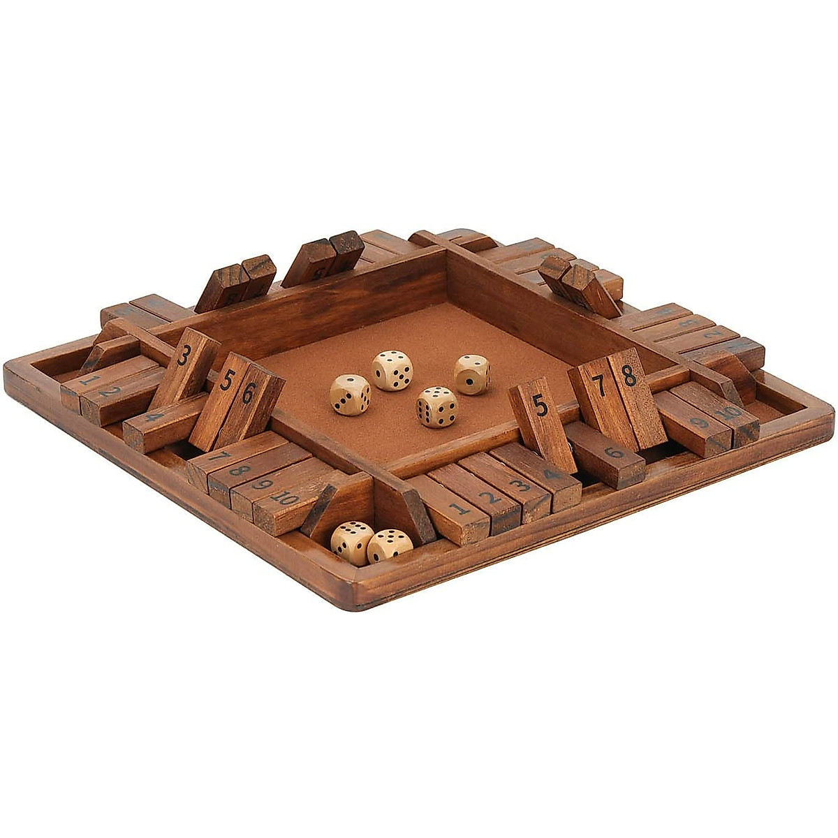 TUAHOO 4-Player Shut The Box Dice Game Wooden Board Dice Game with Number Flip, Classics Tabletop Board Game for Kids Adults Family Party Classroom Home or Pub Bar, 12 inch