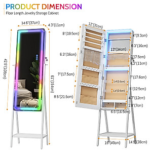 LVSOMT RGB LED Jewelry Mirror Cabinet, Standing Jewelry Armoire Organizer, Stand Up Full-Length Mirror with Jewelry Storage, LED Lighted Floor Mirror, 14 Lights + Dimmable + Adjustable Speed, White