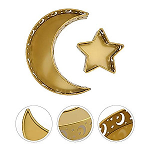 VALICLUD 2pcs Iron Serving Tray Plate Eid Islam Moon and Star Shaped Platter Pastry Dessert Tray for Home Ramadan Mubarak Party Decor Supplies (Golden)
