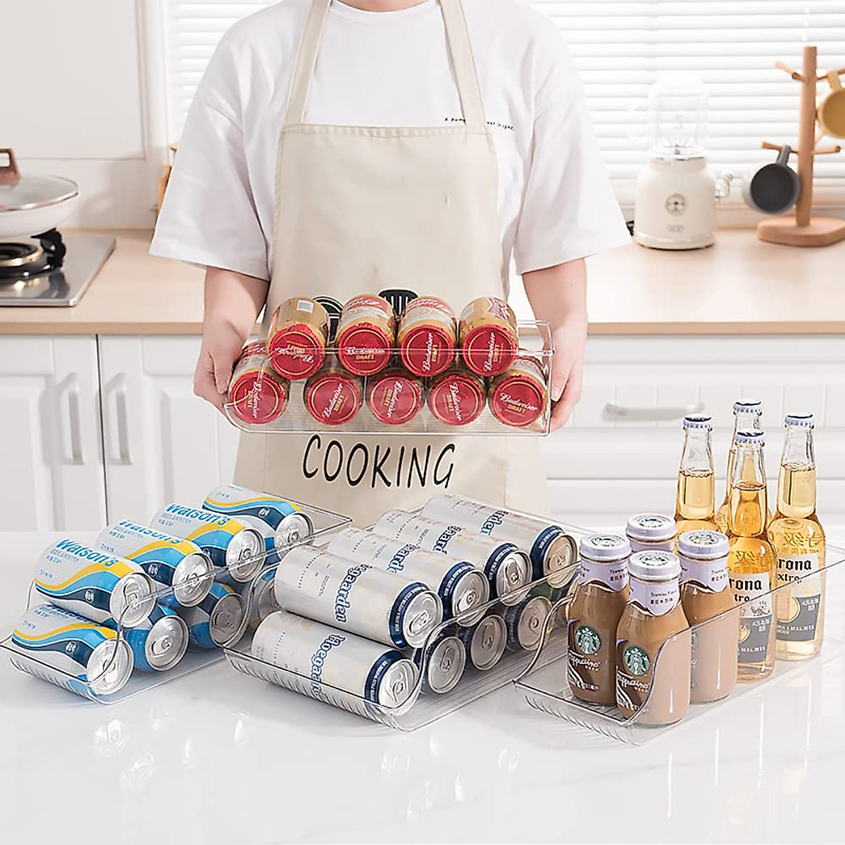 LUXHOUSE 2 Pack Refrigerator Organizer Bin Pop Soda Can Beverage Holder for Fridge, Freezer, Kitchen Countertops, Cabinets - Clear Plastic Can Dispenser, Fruit,Veggie,Canned Food Pantry Storage Rack