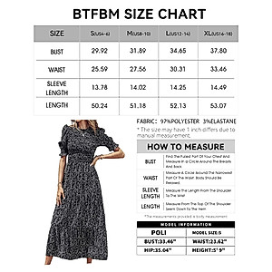 BTFBM Women Casual Summer Dresses 2025 Spring Crew Neck Ruffle Short Sleeve Floral Print Smocked Boho Flowy Maxi Dress(Floral Black White, Large)