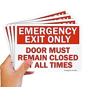 SmartSign (Pack of 4) 5 x7 inch “Emergency Exit Only - Door Must Remain Closed at All Times” Sticker Labels, 5 mil Laminated Polyester with SuperStick Adhesive, Red and White, Made in USA