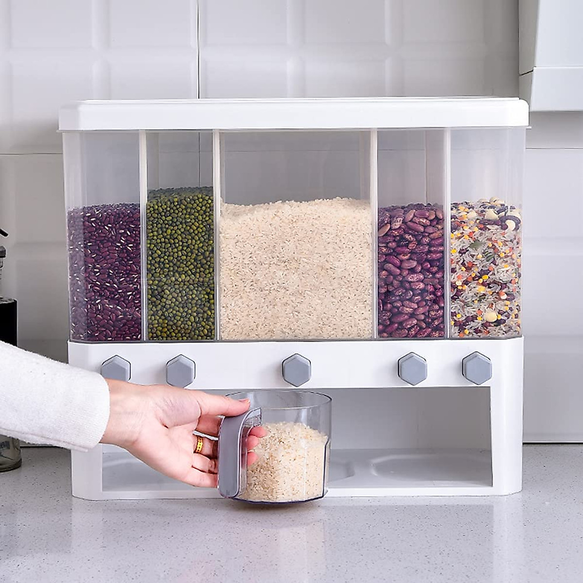 xingxinqi Cereal Dispenser Plastic Clear Dry Food Dispenser with Lid 5 Grid Rice Dispenser Storage Box Rice Bucket Container, White (55B27DSKDFI177WC0541W)