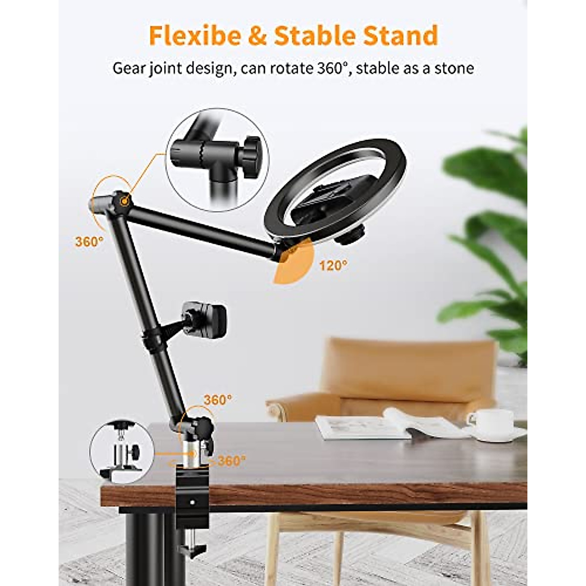 LUOLED Ring Light with Stand and Phone Holder, USB 10'' Ring Light for Desk, Overhead Camera Mount with Ring Light, Desktop Ring Light with Clamp for Photography/Makeup/Live Stream Video/YouTube