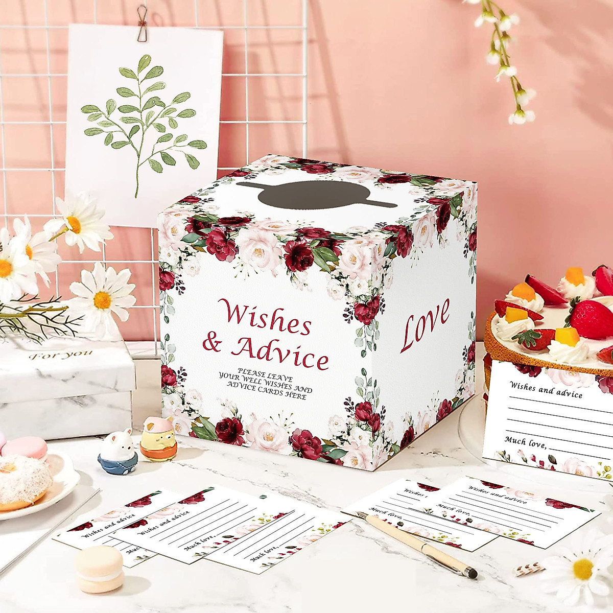 Bridal Shower Game, Advice and Wishes Cards for Newlyweds, 50 Pieces Rose Flower Themed Advice Cards with Holder Box for Bridal Shower, Meaningful Wedding Party Activity Decorations Supplies