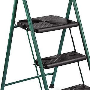 Delxo Non-Slip 3 Step Stool Folding Sturdy Steel Wide Step Ladder with Hand Grip and Locking Mechanism for Indoor Household Kitchens, Green/Black