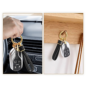 Gkeygo Leather Car Keychain, Handmade Woven Keychains for Women and Men, Universal Key Fob Holder with 360 Degree Rotatable, Anti-Lost D-Ring, 2 Keyrings and 1 Screwdriver – Black