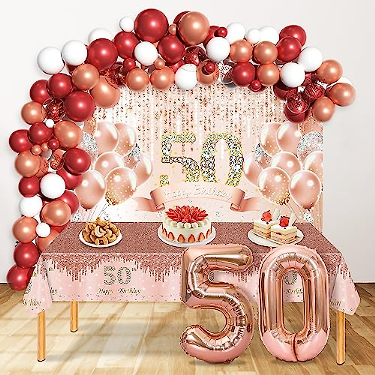 50th Birthday Decorations Women - Rose Gold Happy 50th Birthday Decor Include Balloon Garland Arch Kit,50th Birthday Backdrop,Tablecloth,Number 50 Foil Confetti balloon 50 Years Old Party Supplies