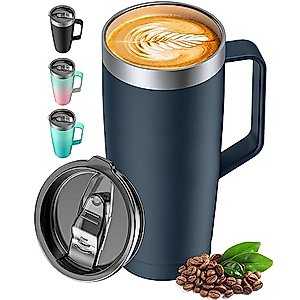 LyriFine Travel Mug with Handle, Od335 24oz Insulated Coffee Mug with Lid, Travel Mugs for Hot and Cold Double-Wall Vacuum Stainless Steel & Sliding Lid for Daily Life, Travel, Office, Blue