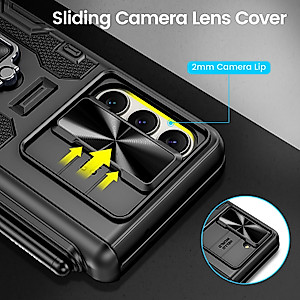 VEGO for Galaxy Z Fold 5 Case with S Pen Holder, [Hinge Protection][360°Ring Magnetic Kickstand][Slide Camera Cover][Front Screen Protector] Protective Case for Samsung Z Fold 5 5G - Midnight Black