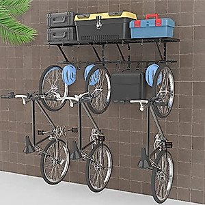 tonchean Garage Shelving Wall Mounted 2 Pack with Bike Hooks Garage Wall Shelves 14”x32“ Garage Floating Shelves Garage Storage Shelves Heavy Duty Wall Mount, 500lb Weight Capacity