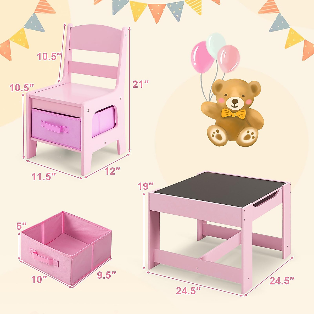KOTEK Kids Wood Table and 2 Chairs Set with Blackboard & Storage Drawers, Children Multi Activity Table for Learning, Playing, Drawing, 3-in-1 Toddler Art Crafts Desk and Chairs Set (Pink)