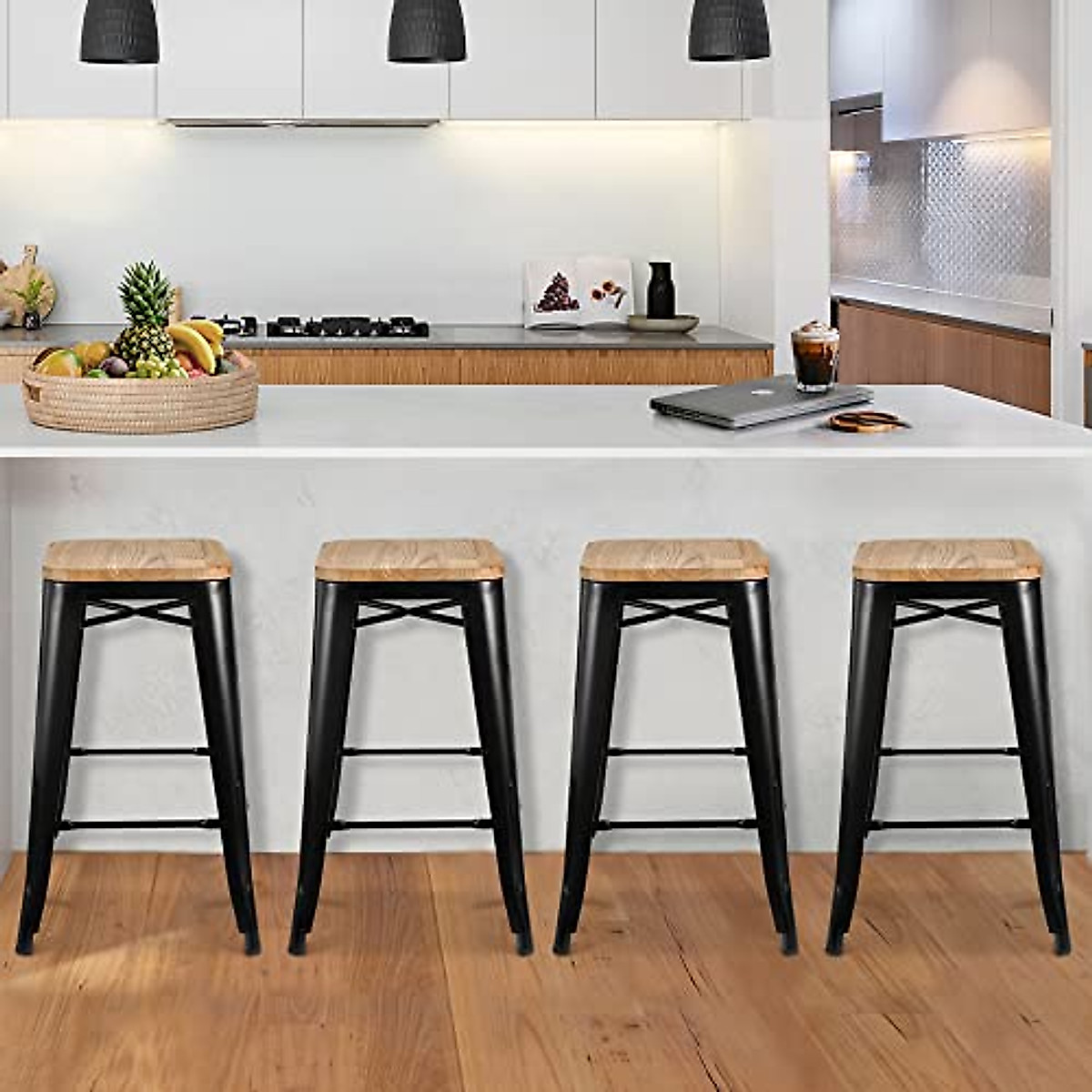 ZENY Metal Bar Stools Set of 4, Counter Height 26" Stools with Wooden Seat Stackable Indoor/Outdoor Barstools, 330 lbs Capacity