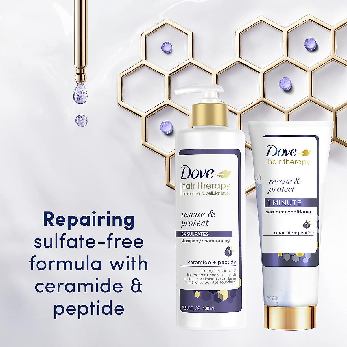 Dove Hair Therapy Shampoo Hair Care For Split Ends and Damaged Hair Rescue and Protect Sulfate Free Shampoo 13.5 oz