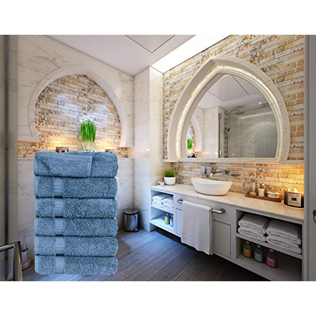 FTB Classic Turkish Luxury Hotel & Spa Kitchen Towels, Hand Towels Set 6 Piece 16X30 Inches Hand Towels (Wedgewood, 6 Hand Towels)