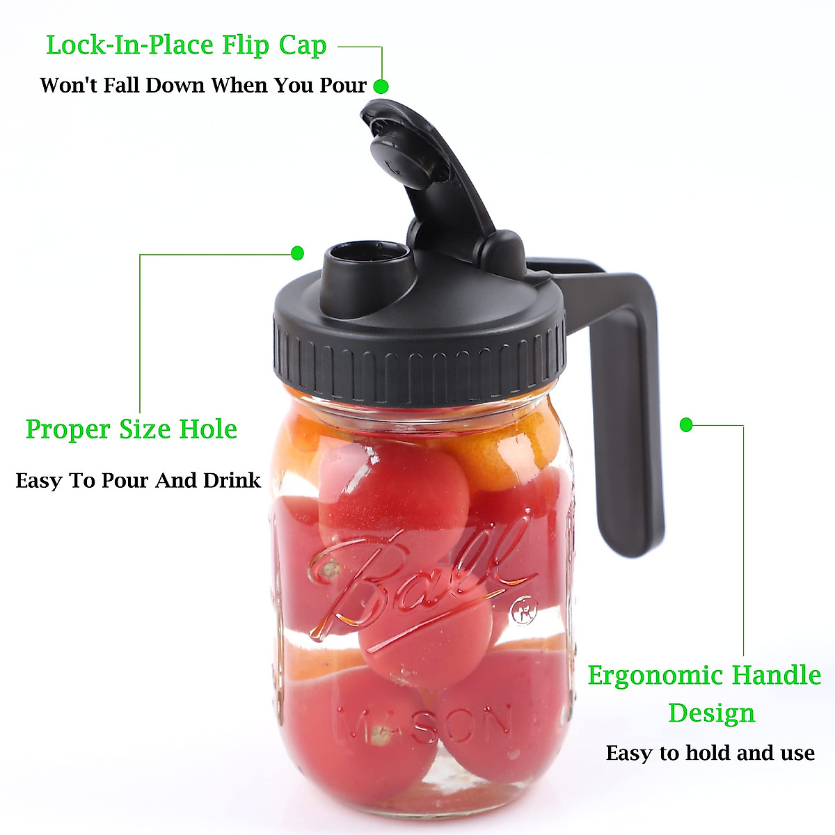 Mason Jar Pour Spout Lids With Handle Regular Mouth Mason Pitcher Lid With Flip Cap, Airtight & Leak-Proof Pour And Store Cover (Jar Not Included)